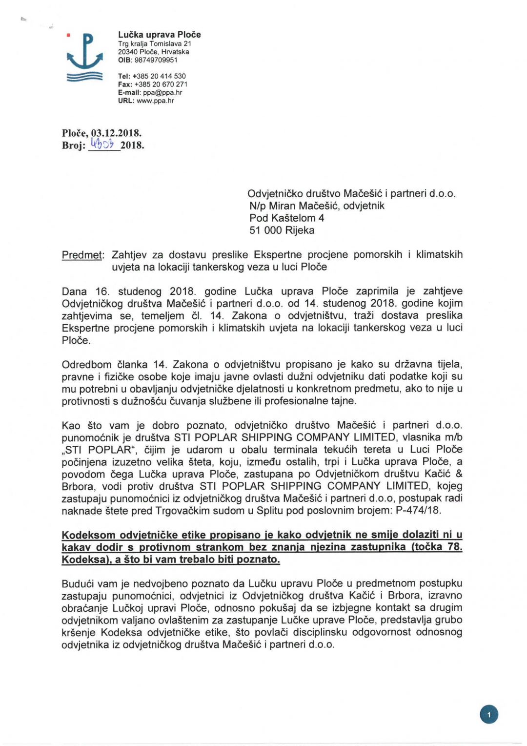 Odgovor na zahtjev za dostavu preslike Ekspertne procjene pomorskih i ...